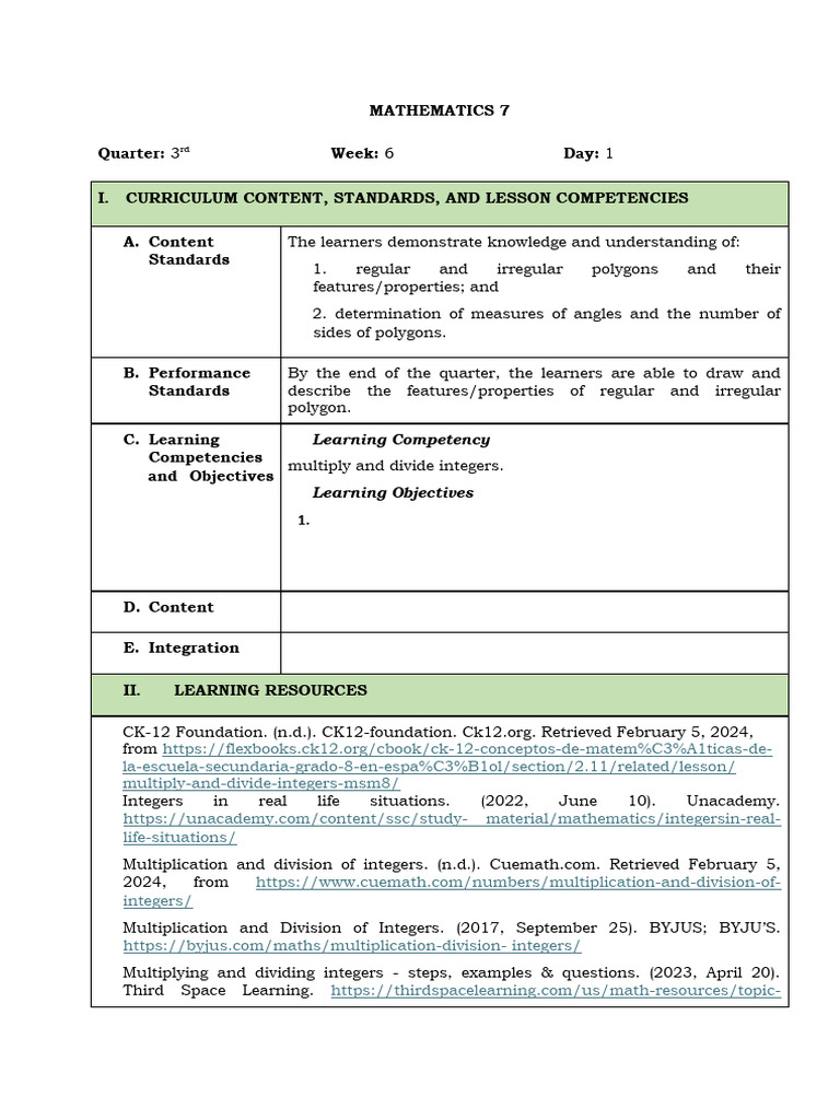 Lesson Plan Template (Matatag) | PDF | Multiplication | Learning
