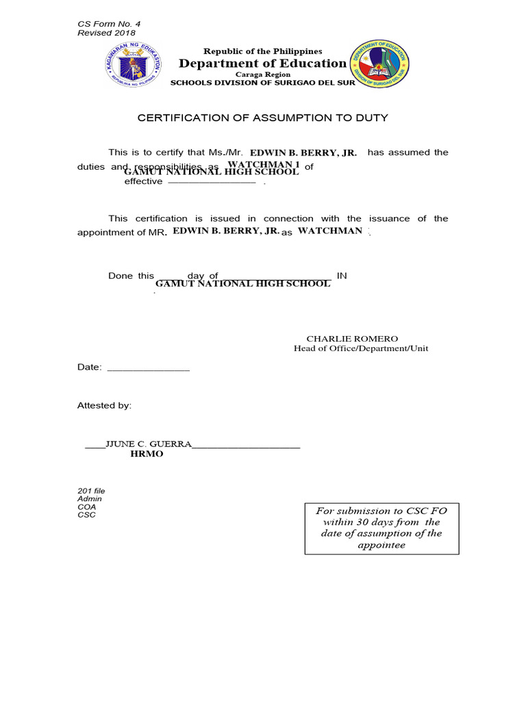 Certification of Assumption to Duty Form | PDF