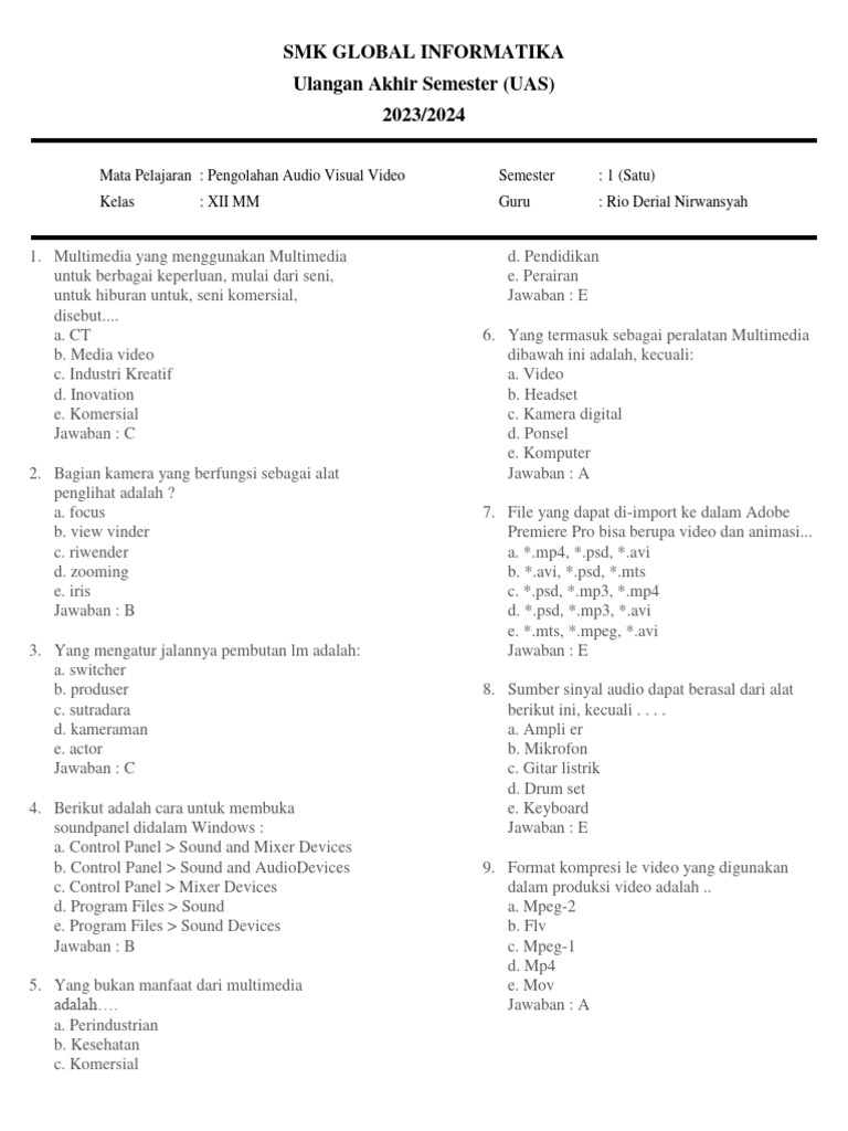 KJ - Uas SMT 1 - Xii MM - Pengolahan Audio Visual Video | PDF