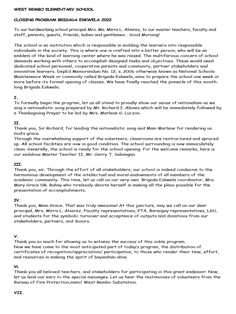 Closing Program Brigada Eskwela Script 2022 | PDF | Wellness