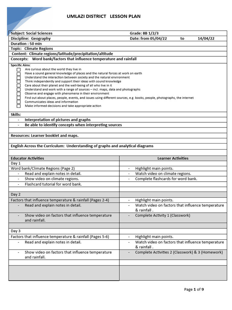 Gr8 - CAPS Lesson Plans T2 - Geog | PDF | Lesson Plan | Geography