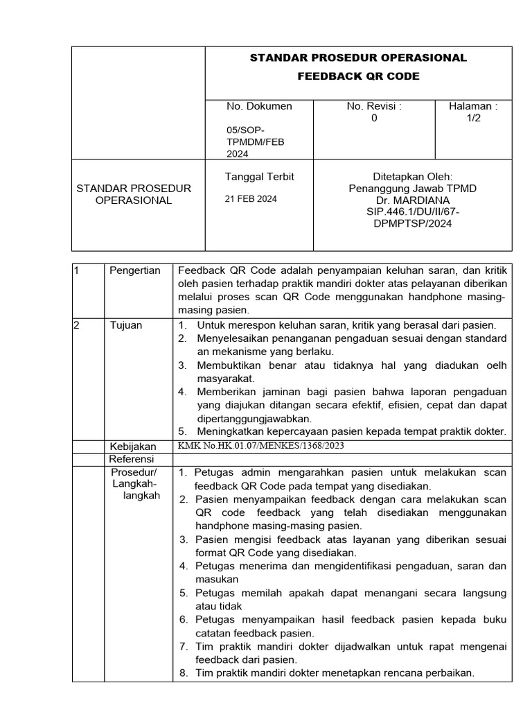 Sop Feedback QR Code Mardiana | PDF | Pengelolaan Keuangan & Uang