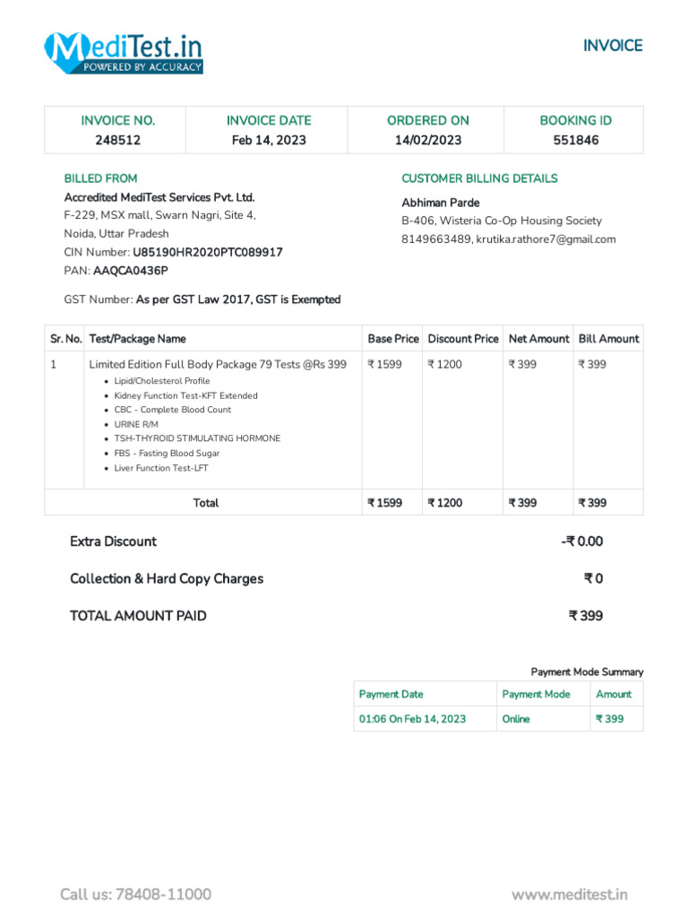 Invoice for Full Body Test Package | PDF