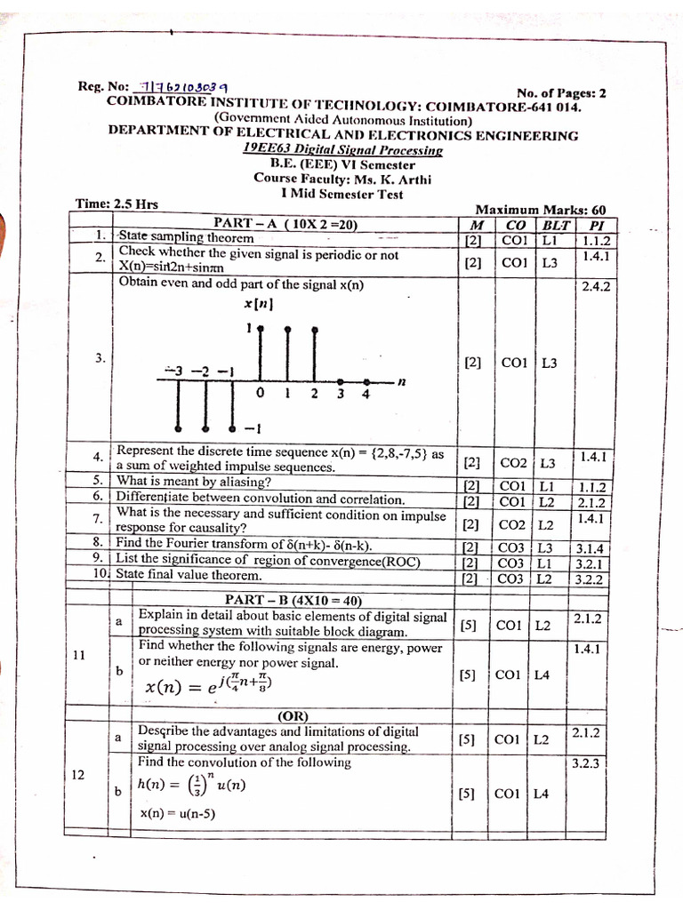 DSP Mid Sem 1 QP | PDF