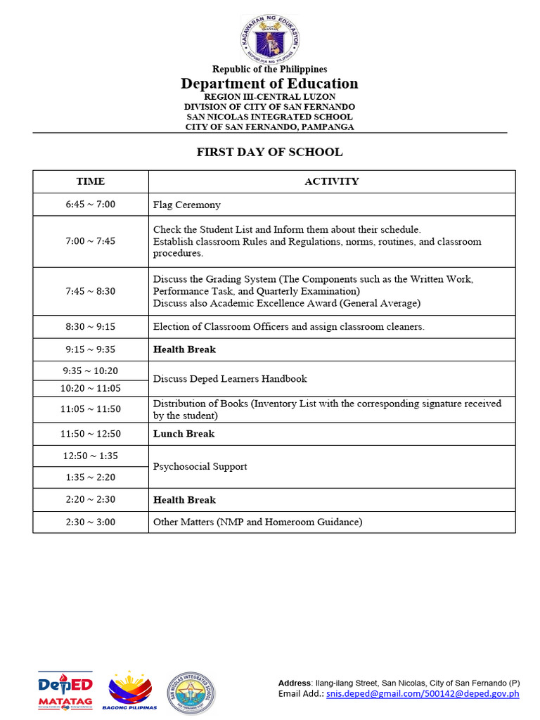 First Day of School Schedule 2025 | PDF