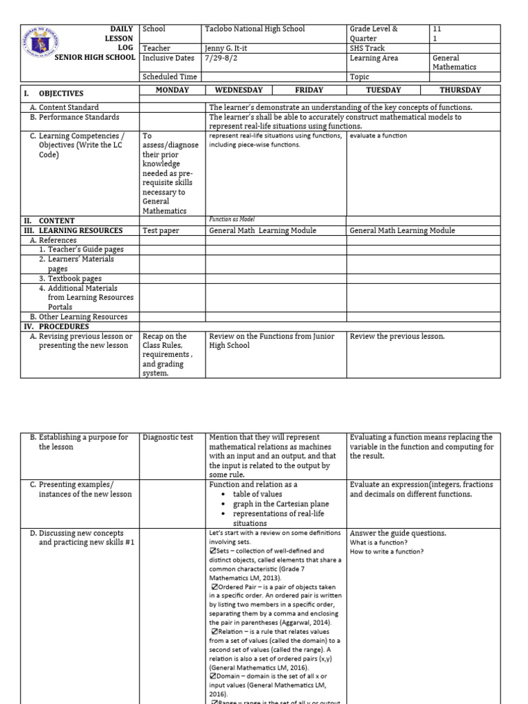 DLL Week 1 Gen Math | PDF | Function (Mathematics) | Set (Mathematics)