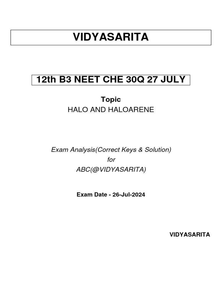 Vidyasarita: 12Th B3 Neet Che 30Q 27 July | PDF | Multiple Choice | Tests