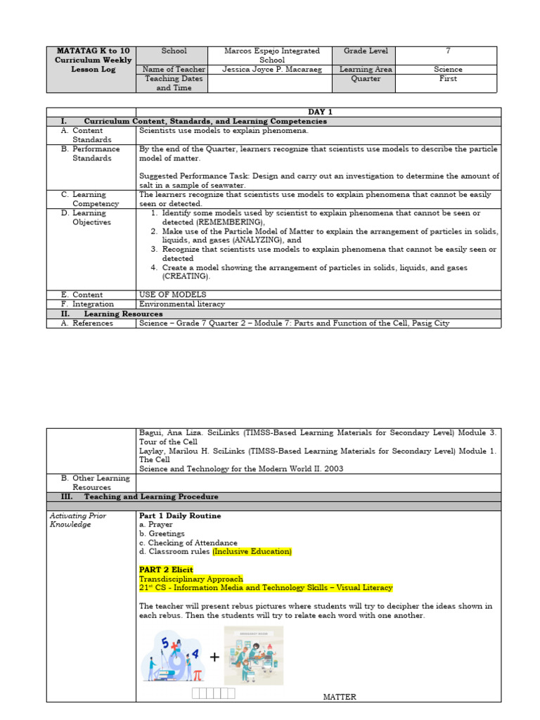 Matatag K To 10 Curriculum Weekly Lesson Log For Demo | Pdf | Matter 