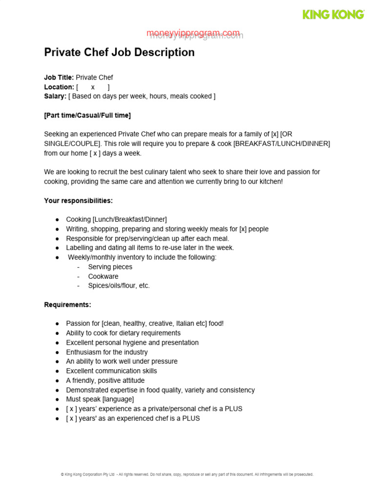 Private Chef Job Description Template | PDF | Meal | Chef