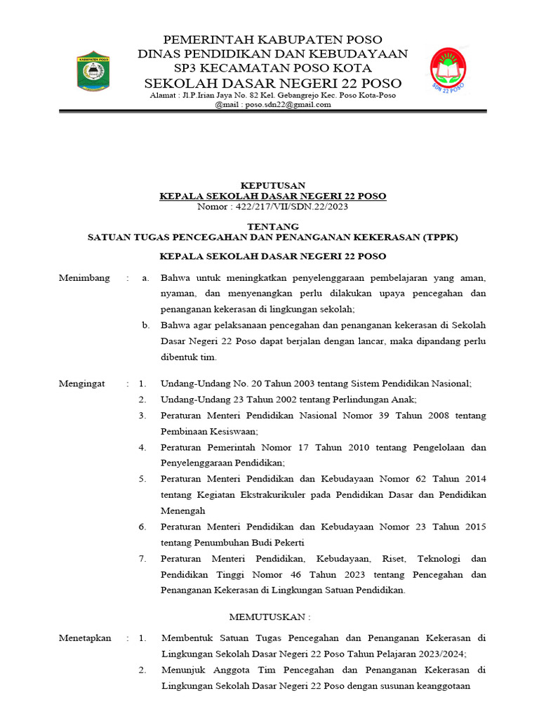 SK Tim Pencegahan Dan Penanganan Kekerasan Di Lingkungan Satuan Pendidikan | PDF