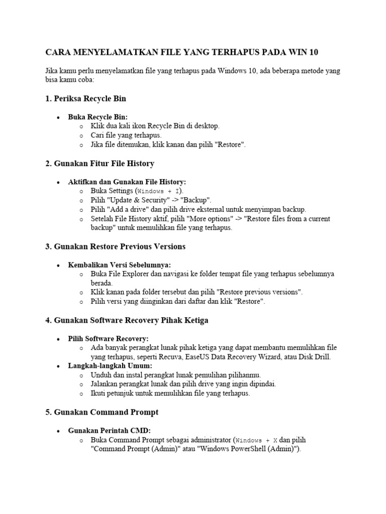 Cara Menyelamatkan File Yang Terhapus Pada Win 10 | PDF