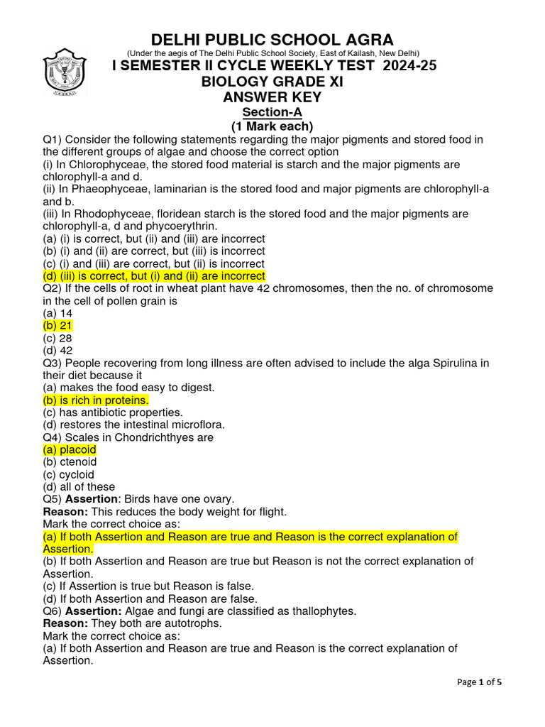 Delhi Public School Agra: I Semester Ii Cycle Weekly Test 2024-25 ...