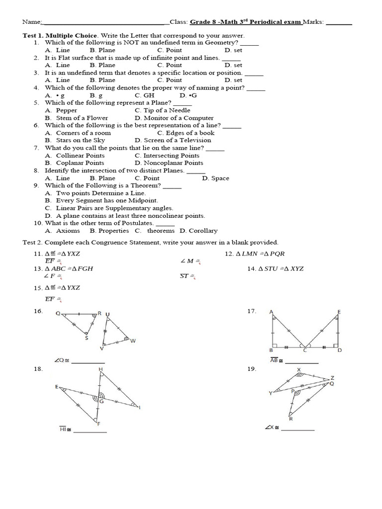 3rd Periodcal Exam Grade 8 | PDF | Line (Geometry) | Geometry