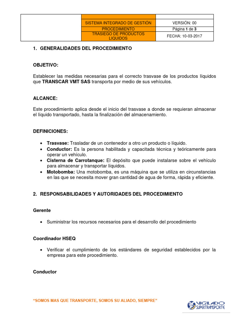 PROCEDIMIENTO TRASIEGO DE PRODUCTOS LIQUIDOS | PDF | Bomba