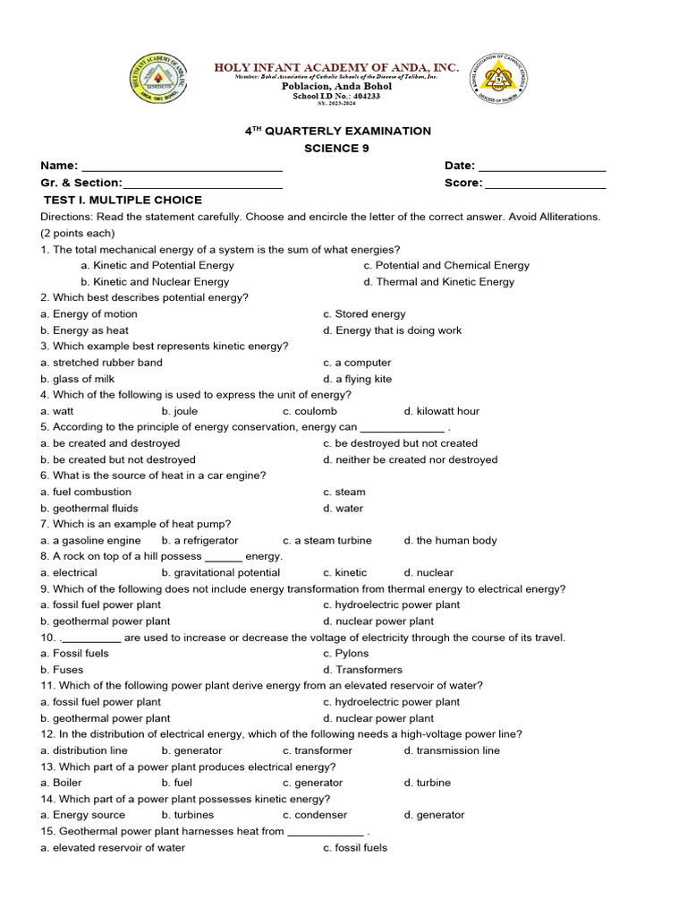 Science 9-4TH Q.A | PDF | Power Station | Potential Energy