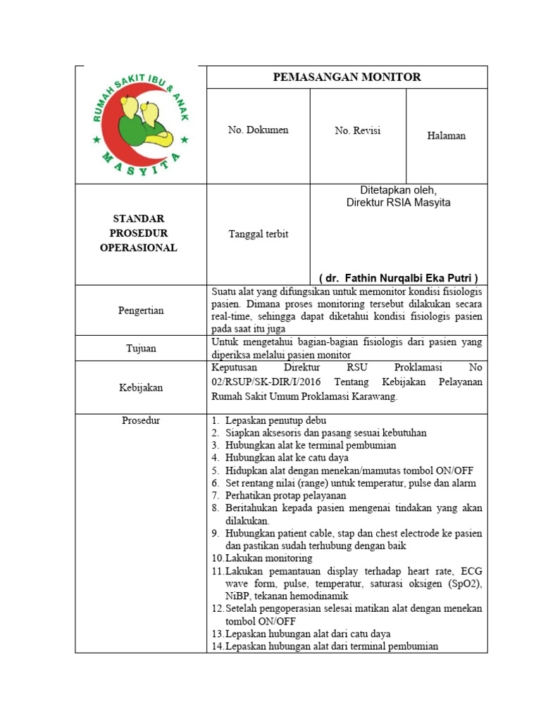 Prosedur Pemasangan Monitor Pasien | PDF
