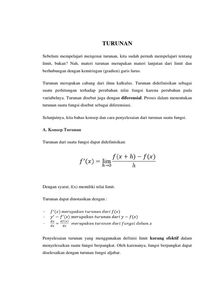 Materi Kalkulus Turunan Fungsi | PDF | Metode & Bahan Ajar | Sains ...