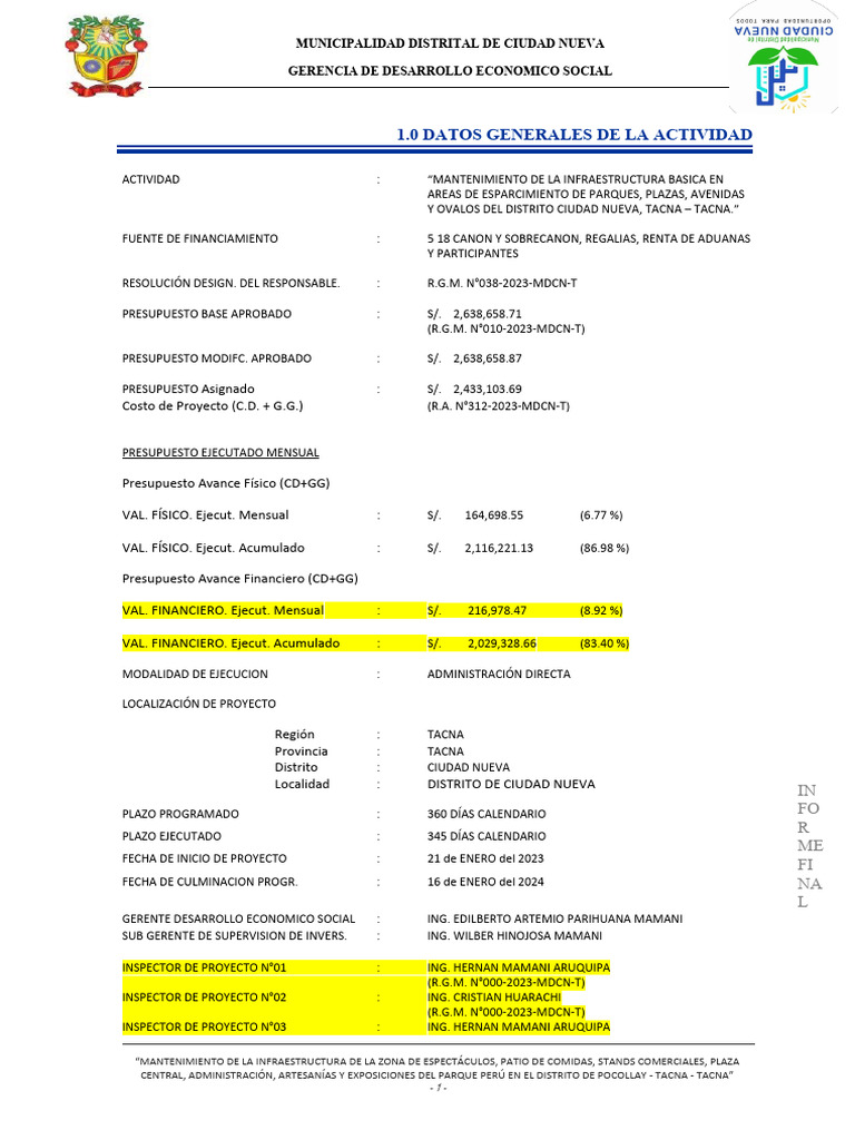 1.DATOS GENERALES Y 2.MEMORIA DESCRIPTIVA INFORME FINAL Raul | PDF | Presupuesto | Ciencias de ...