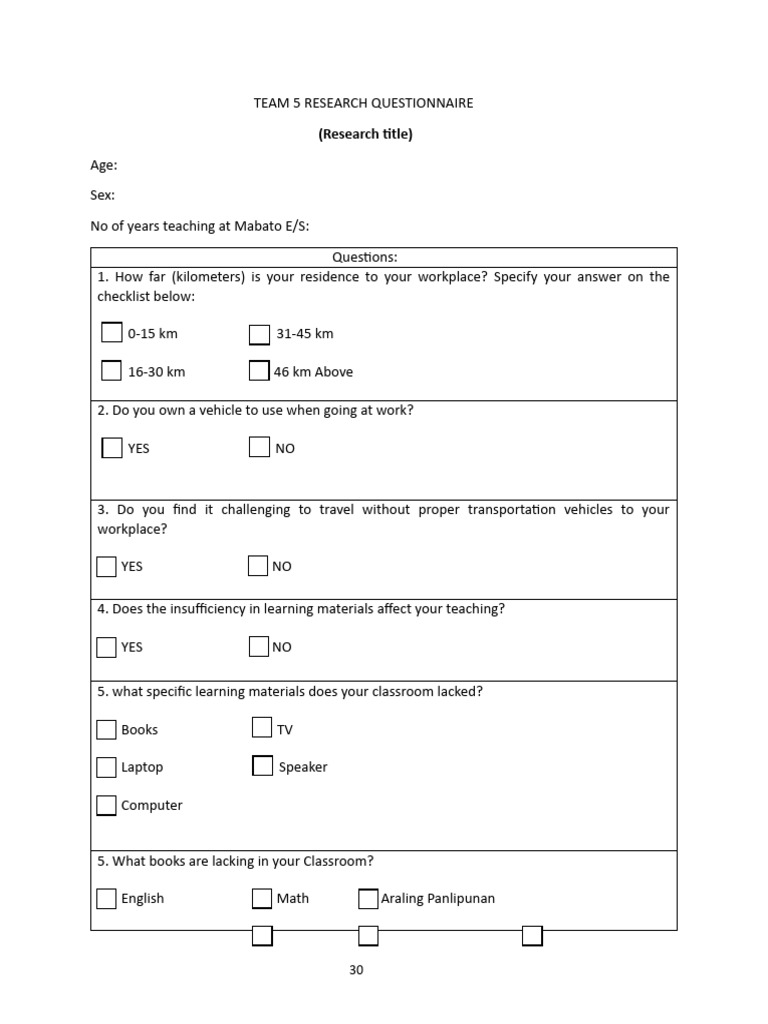 TEAM 5 RESEARCH QUESTIONNAIRE | PDF