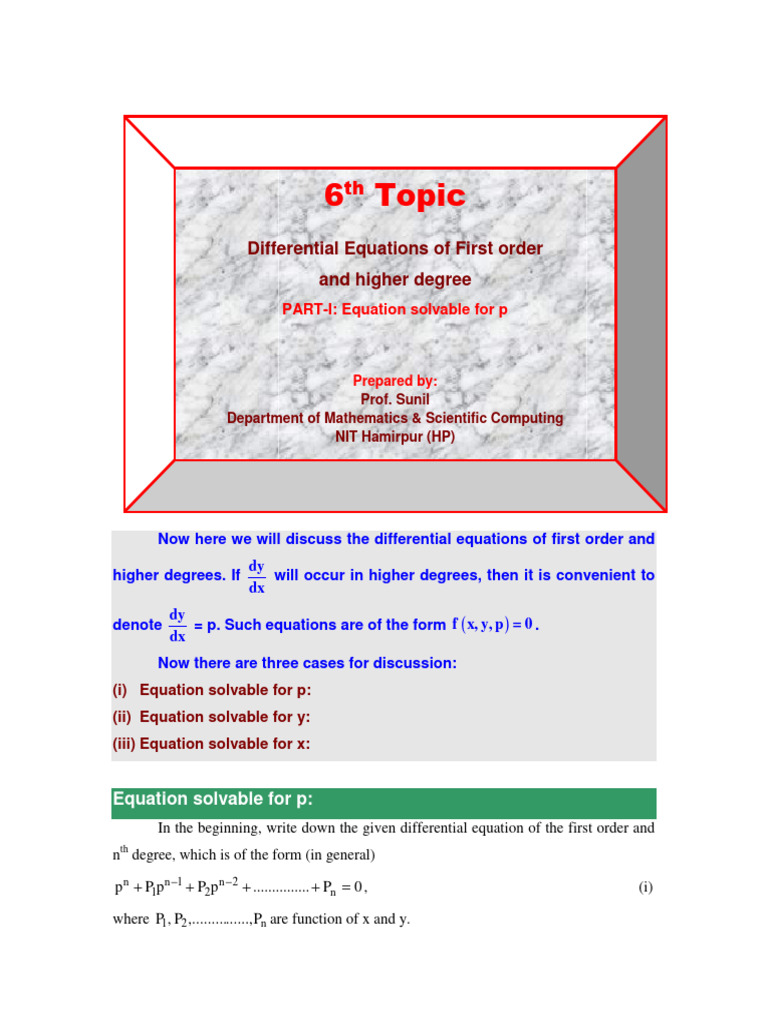 6a. D. E. of Ist Order and Higher Degree-Eqs. Solvable For P | PDF ...