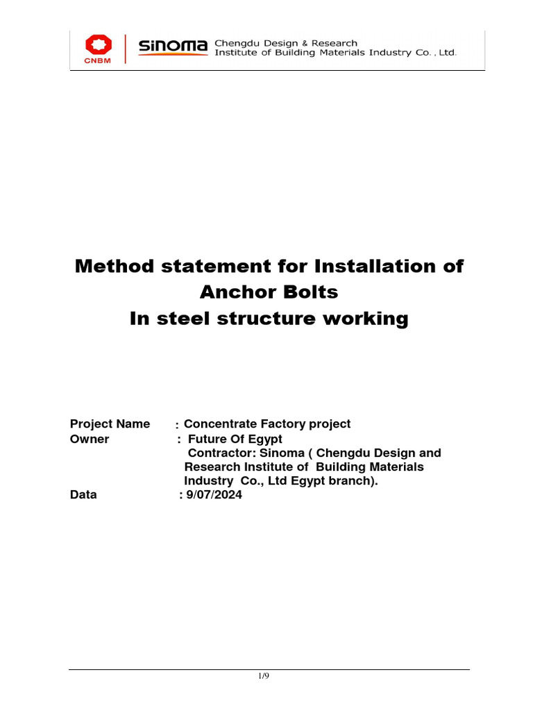 Method of Statement For Fixing The Anchore Bolts in Steel Structure ...