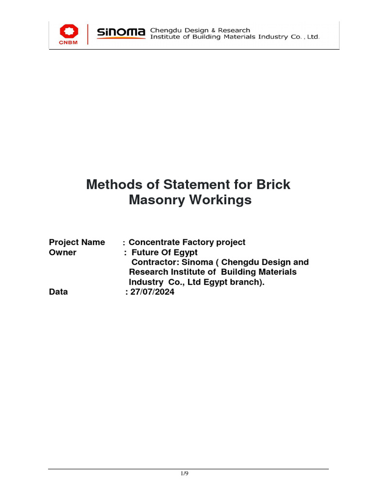 Method Statement of Brick Works | PDF | Brick | Masonry