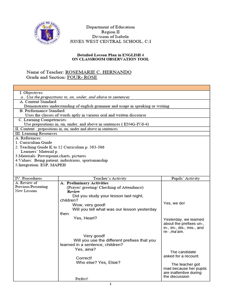 Detailed Lesson Plan for English 4 Prepositions | PDF | English ...