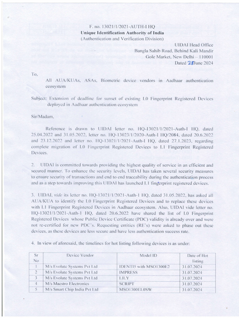 Extension of Deadline For Sunset of Existing L0 Fingerprint Registered ...