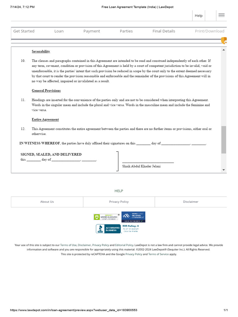 Free Loan Agreement Template (India) - LawDepot | PDF | Private Law ...