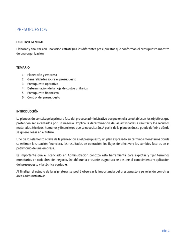 Presupuestos - Unidad 01 | PDF | Planificación | Presupuesto