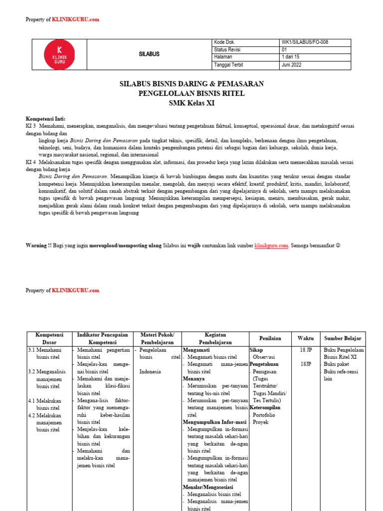 Silabus SMK Xi PBR | PDF | Bisnis