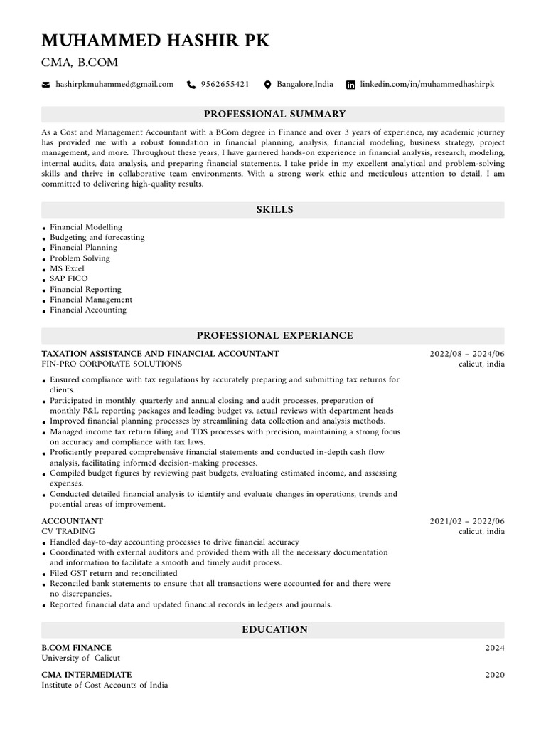 Muhammed Hashir PK Flowcv Resume 20240726 | PDF | Accounting | Audit