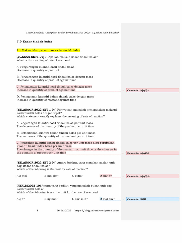 Chemquest2023 Ting 4 Bab 07 Jawapan | PDF