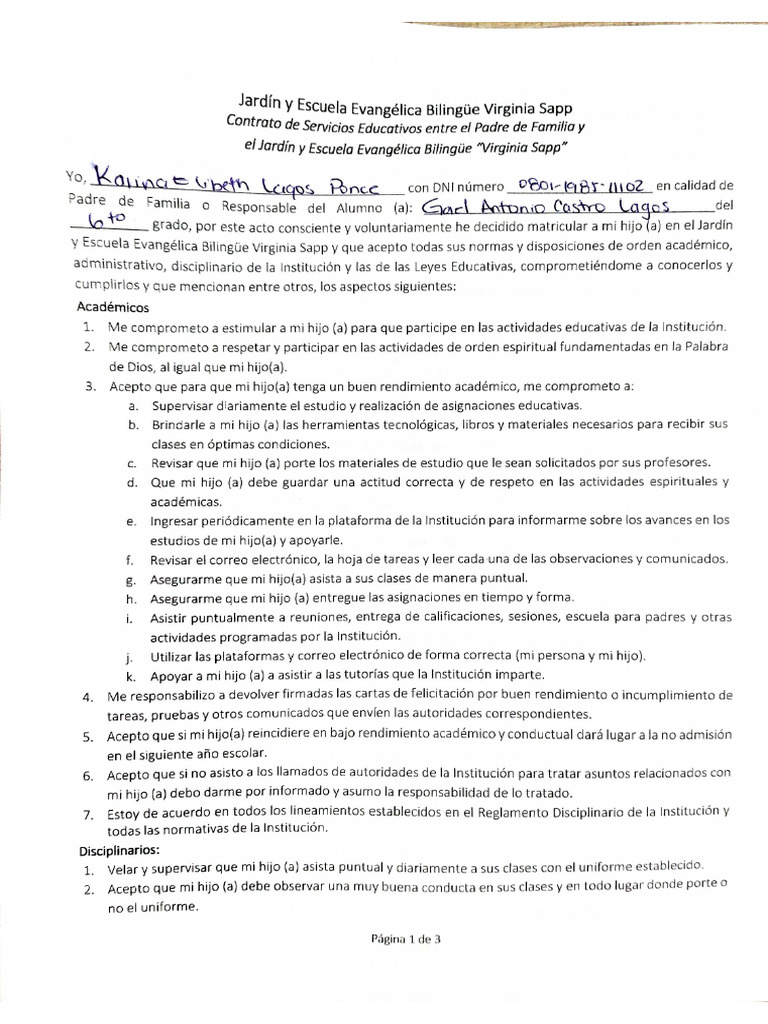 Contrato de servicio educativo Gael Castro pág. 1 | PDF