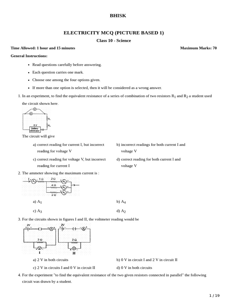 Electricity MCQ Picture Based 1 | PDF | Voltage | Resistor