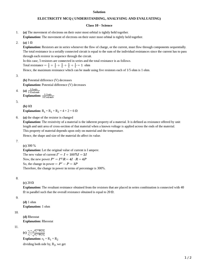 Solution Electricity MCQ UAE | PDF | Electrical Resistance And ...