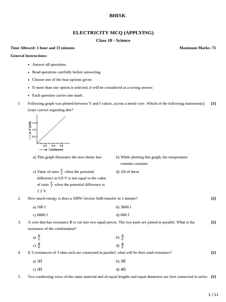 Electricity MCQ (Applying Skill) | PDF | Series And Parallel Circuits | Electrical Resistance ...