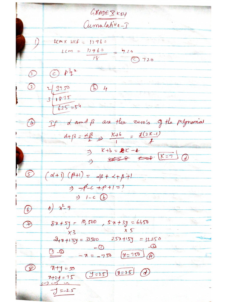 X - Cumulative Exam - I - Maths Answer Key | PDF