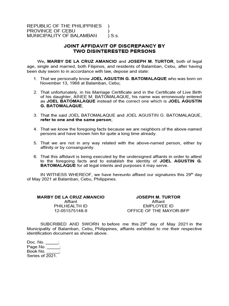 Joint Affidavit of Discrepancy BATOMALAQUE | PDF | Law