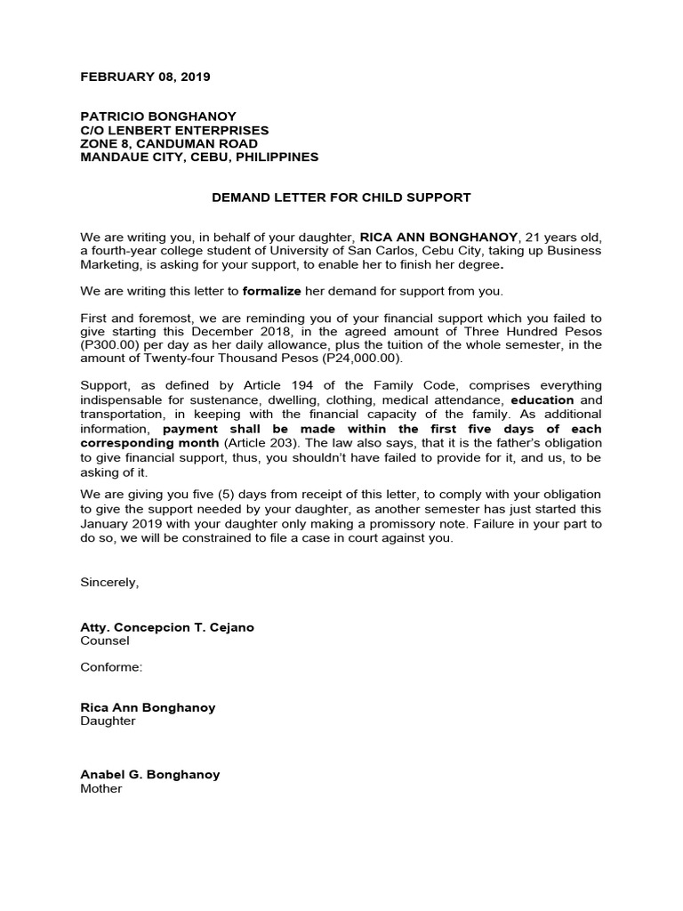 Demand Letter Child Support - Bonghanoy | PDF