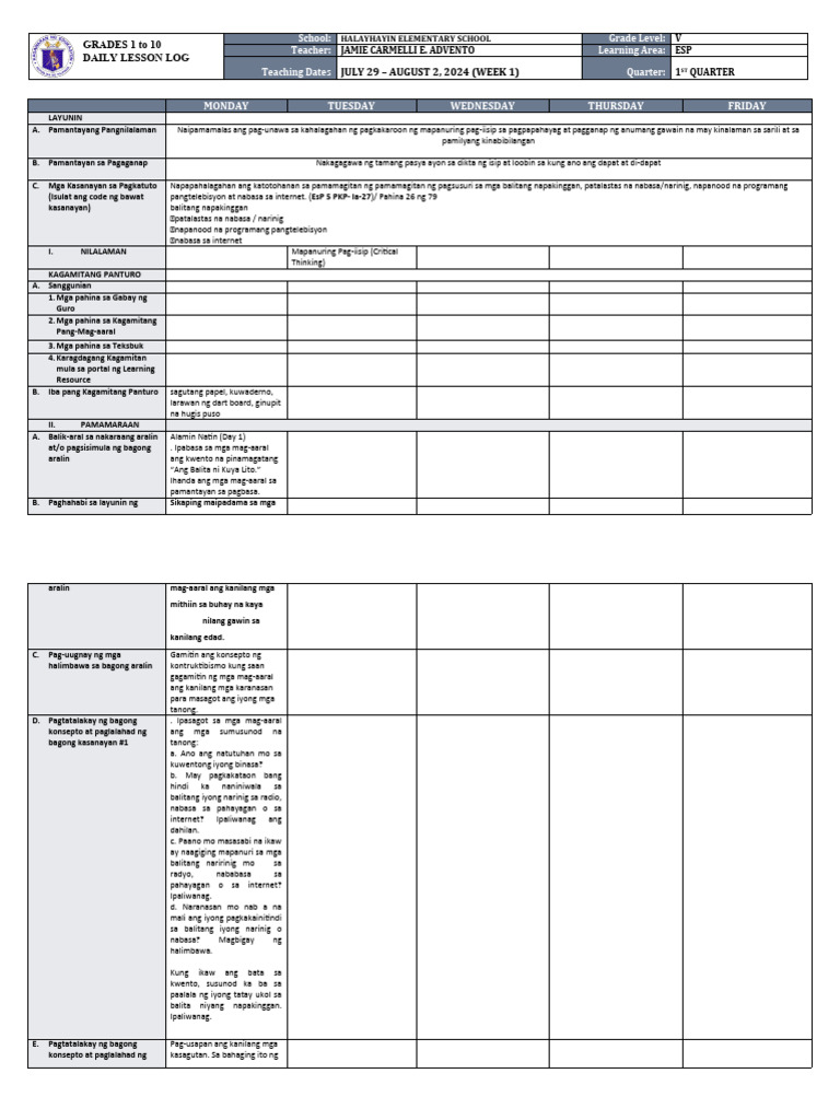 DLL - Esp 5 - Q1 - W1 | PDF