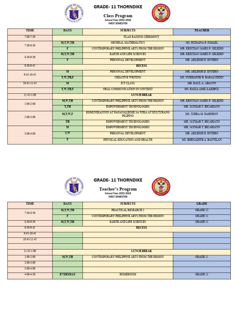 Class Schedule 2023-2024 - First Sem | PDF | Schools
