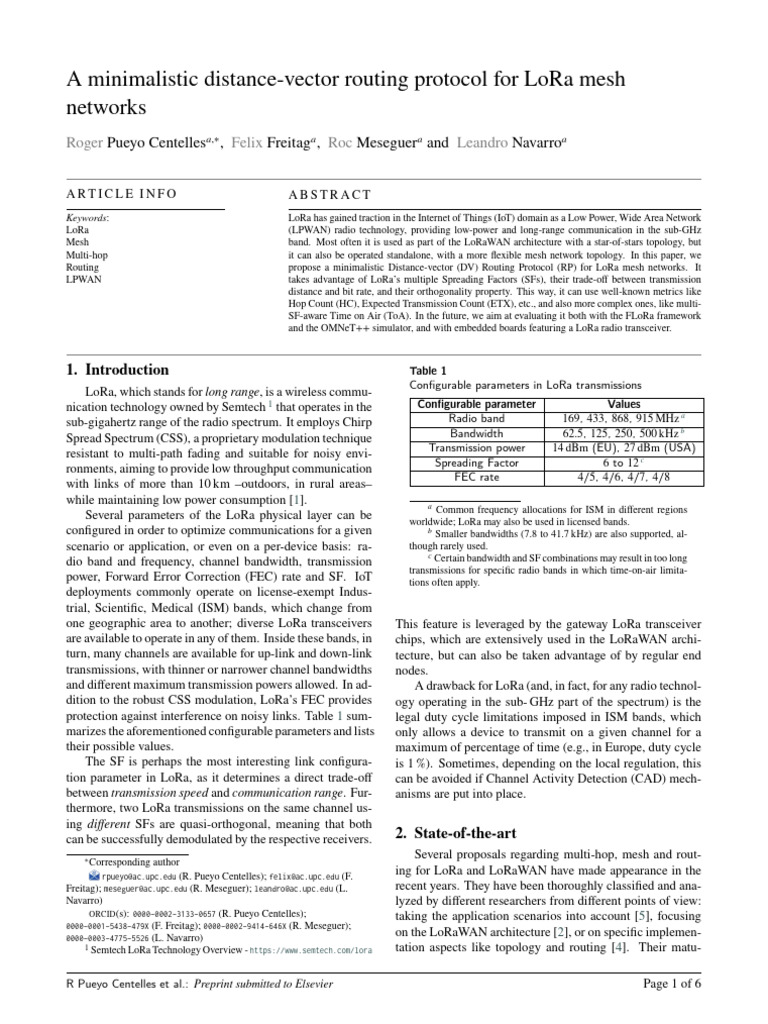 A Minimalistic Distance Vector Routing Protocol For LoRa Mesh Networks | PDF | Routing ...