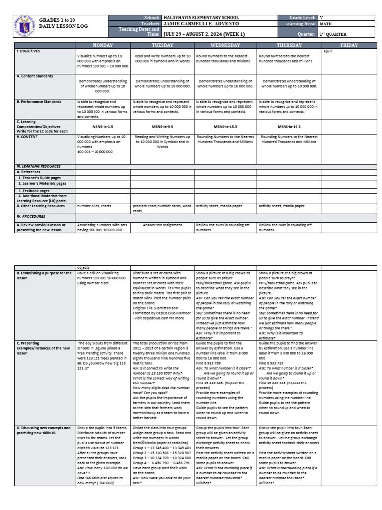 DLL - Math 5 - Q1 - W1 | PDF | Learning | Cognition