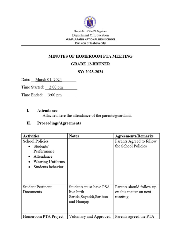 3rd Homeroom PTA Minutes of Meeting | PDF | Educational Organizations