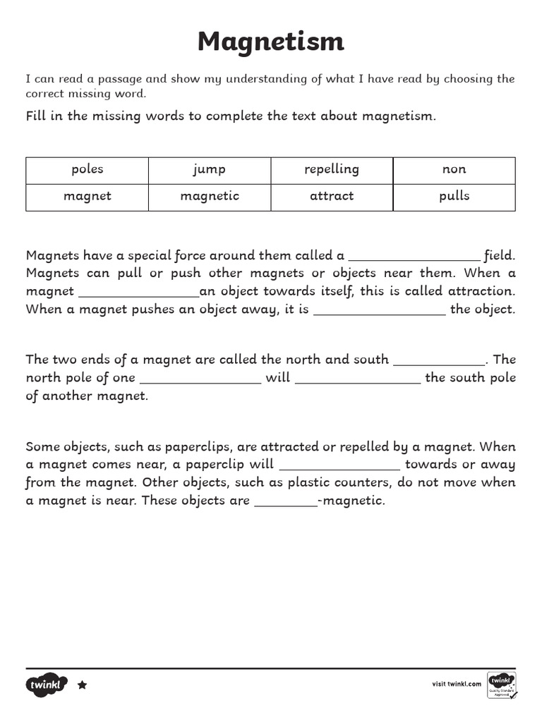 Main Magnetism Differentiated Activity Sheet | PDF | Magnet | Magnetism
