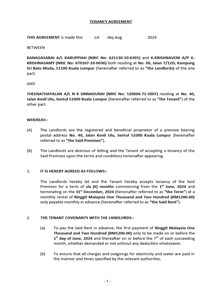 Tenancy Agreement (Draft No. 2) | PDF | Leasehold Estate | Landlord