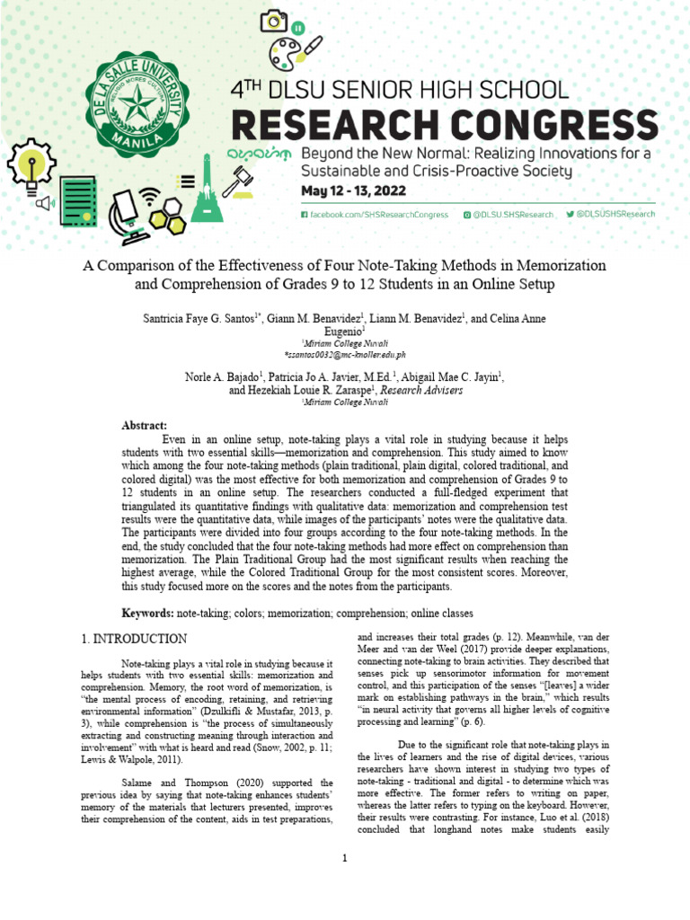 A Comparison of The Effectiveness of Four Note-Taking Methods in | PDF ...