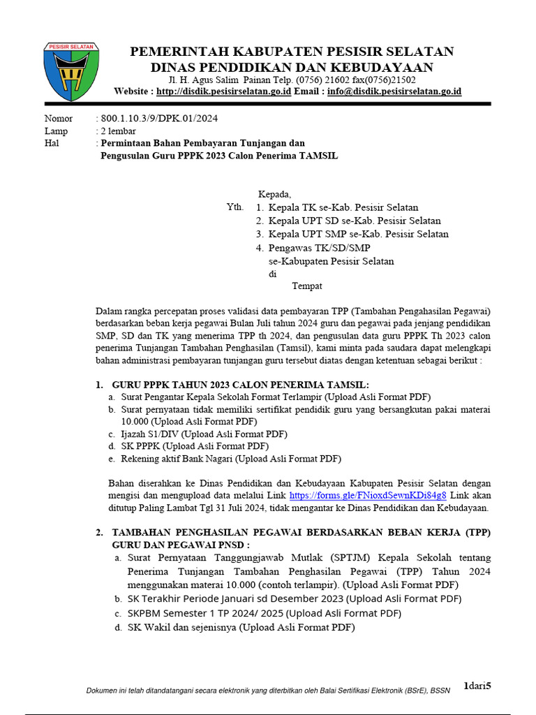 Surat Permintaan Bahan TPP Dan Calon Penerima Tamsil | PDF