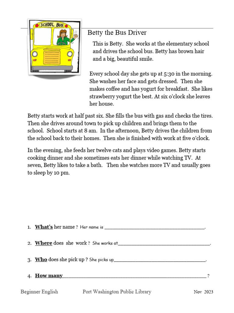 Betty The Bus Driver Easy Reading With Questions - 153324 | PDF